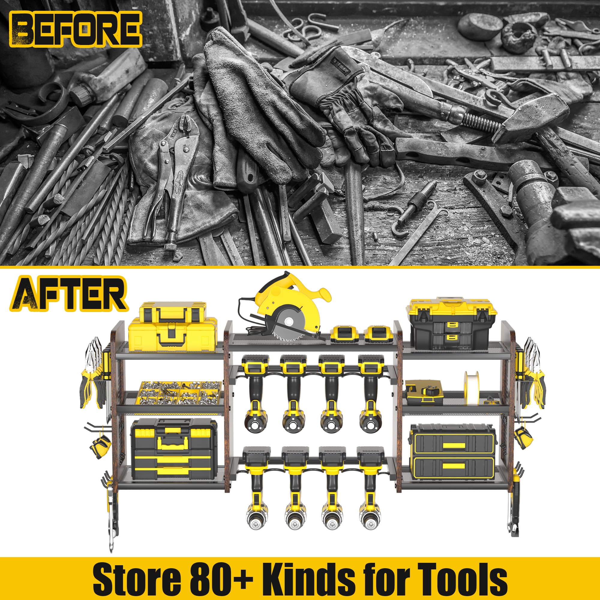 vimiroo Power Tool Organizer, 8 Drill Holder Wall Mount, 3 Layers Garage Tool Organizers and Tool Storage Rack, Heavy Duty Metal Tool Shelf with Screwdriver Holder/Plier Holder/Hammer Holder
