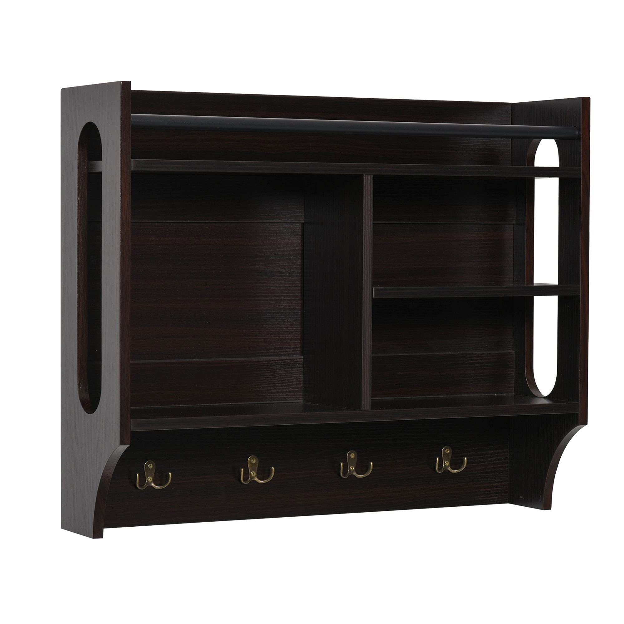 HOMCOM Wall-Mounted Floating Storage Shelf with 4 Storage Units and 4 Dual Hooks, Espresso