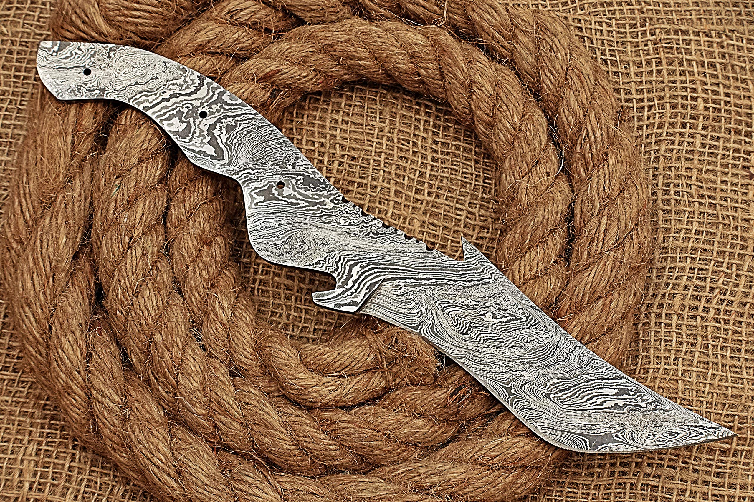 HUNTEX Custom Handmade Hand-Forged Twist Pattern Damascus Steel 10.5 Inch Long Full Tang Razor Sharp Camping Hunting DIY Blank Blade Gut Hook Knife for Knife Making