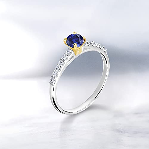 Gem Stone King 925 Sterling Silver Ring with 10K Yellow Gold Prongs Round Blue Created Sapphire and Moissanite (0.43 Cttw) (Size 9)