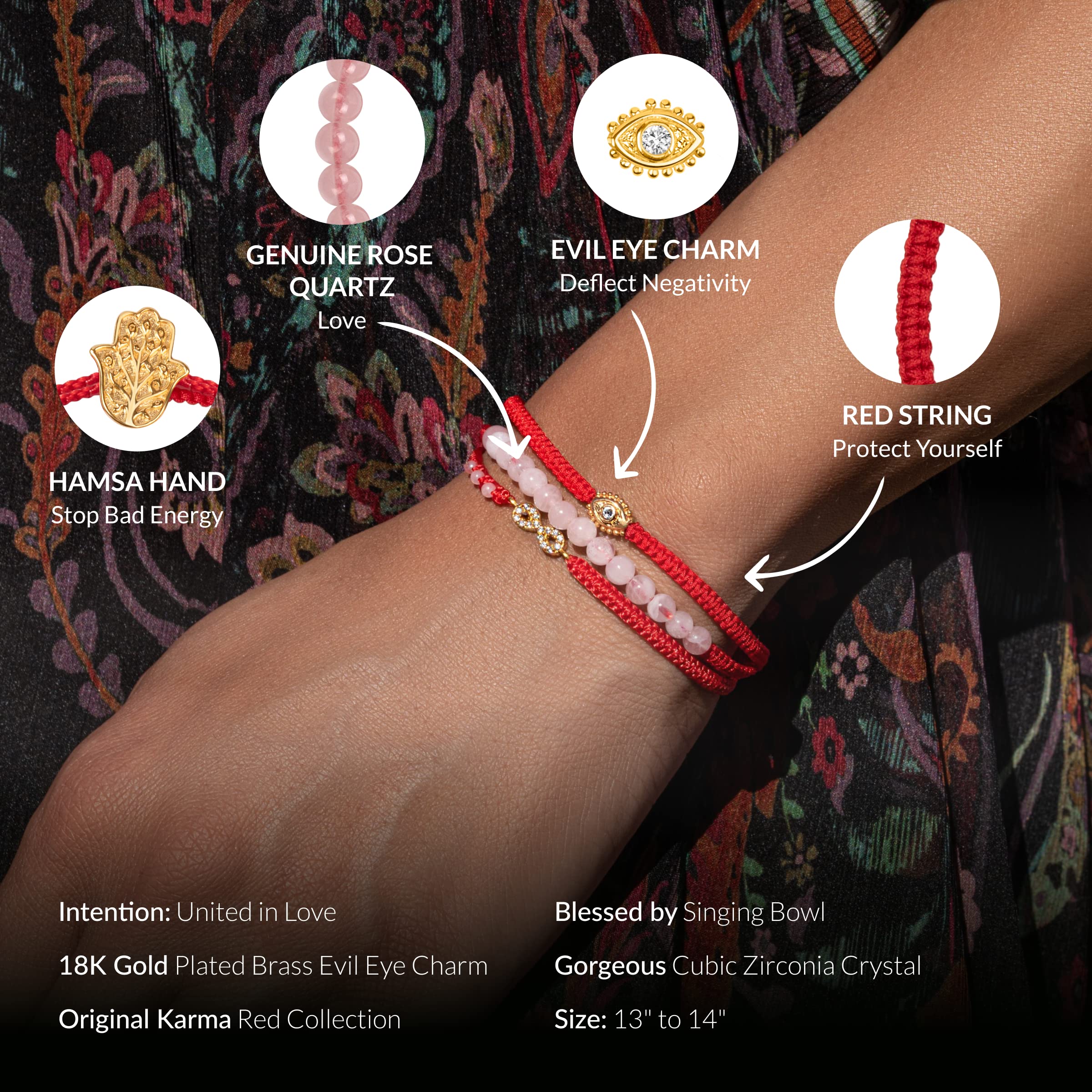 KARMA AND LUCK Red String Wrap-Bracelet for Women, 18K Gold Evil Eye Charm, Real Rose Quartz Beads, & Hamsa Button Closure, Made in Bali, Size 13β-14β