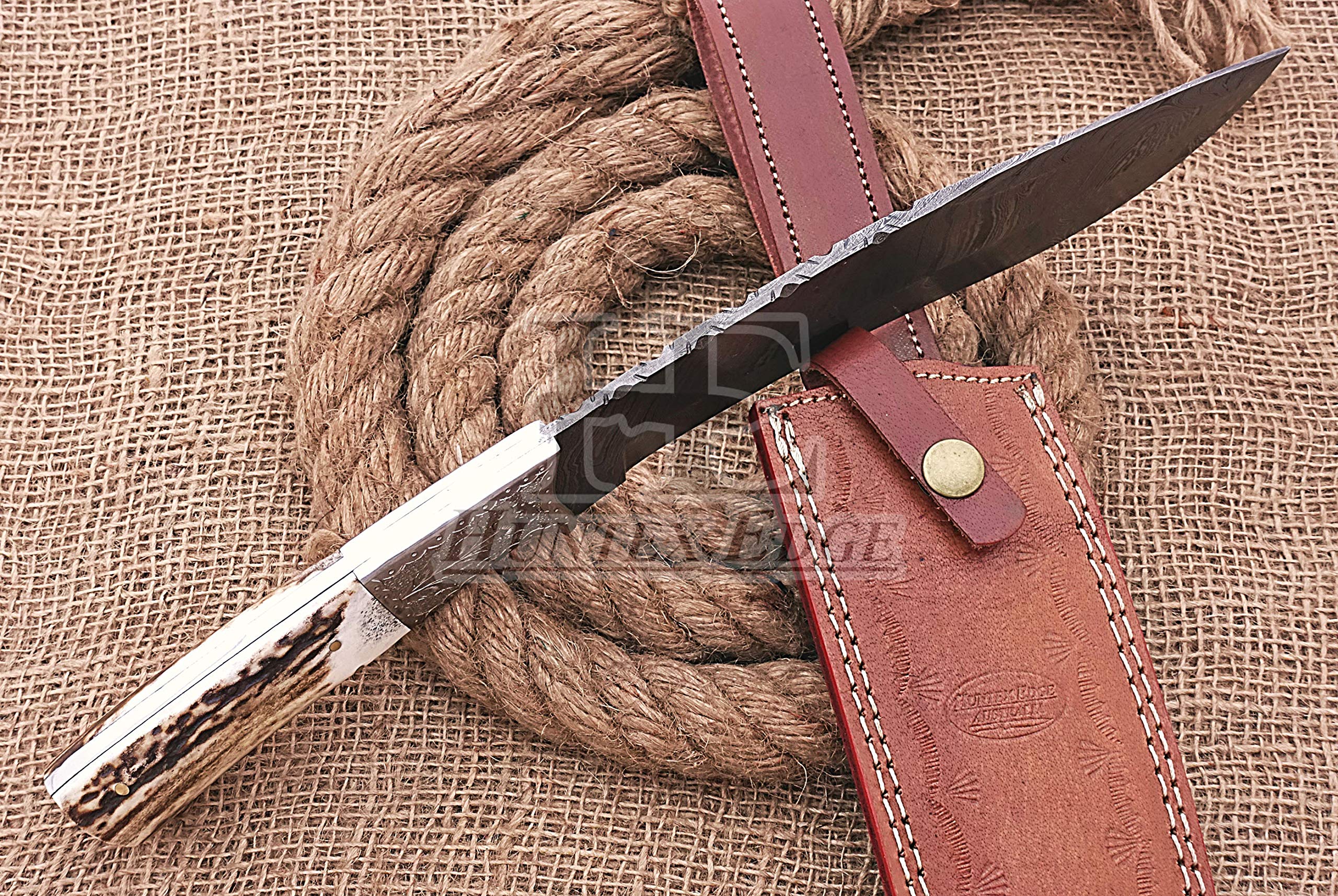 HUNTEX Handmade Hand-Forged Twist Pattern Damascus Steel 14 Inch Long Full Tang Deer Antler Handle Razor Sharp Hunting Camping Bowie Knife w/Genuine Leather Sheath