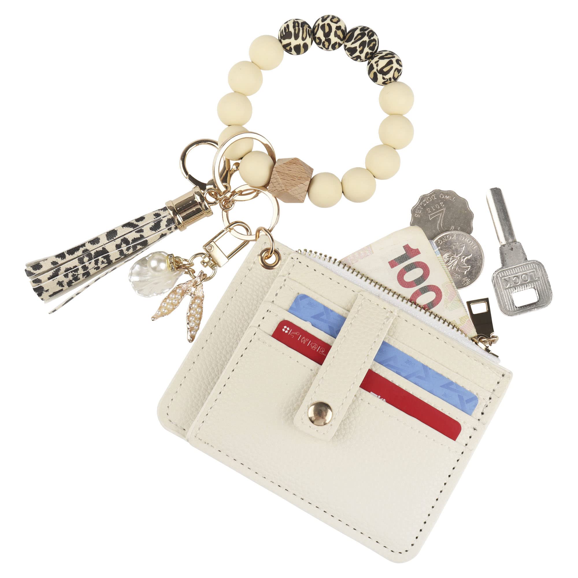 Guran Silicone Beaded Key Ring Bracelet Wallet with Card Holder, Purse Tassel Elastic Keychain Wristlet, Keyring Bangle for Womens (White)