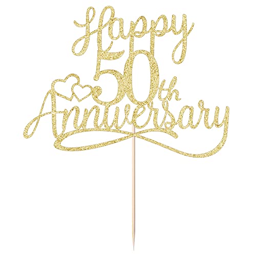 Sleyberoy Glitter Happy 50th Anniversary Cake Toppers -Wedding Anniversary Party Decorations, 50th Wedding Anniversary, Company Anniversary Party, Birthday Party Decorations (50thGold)(Fifty)