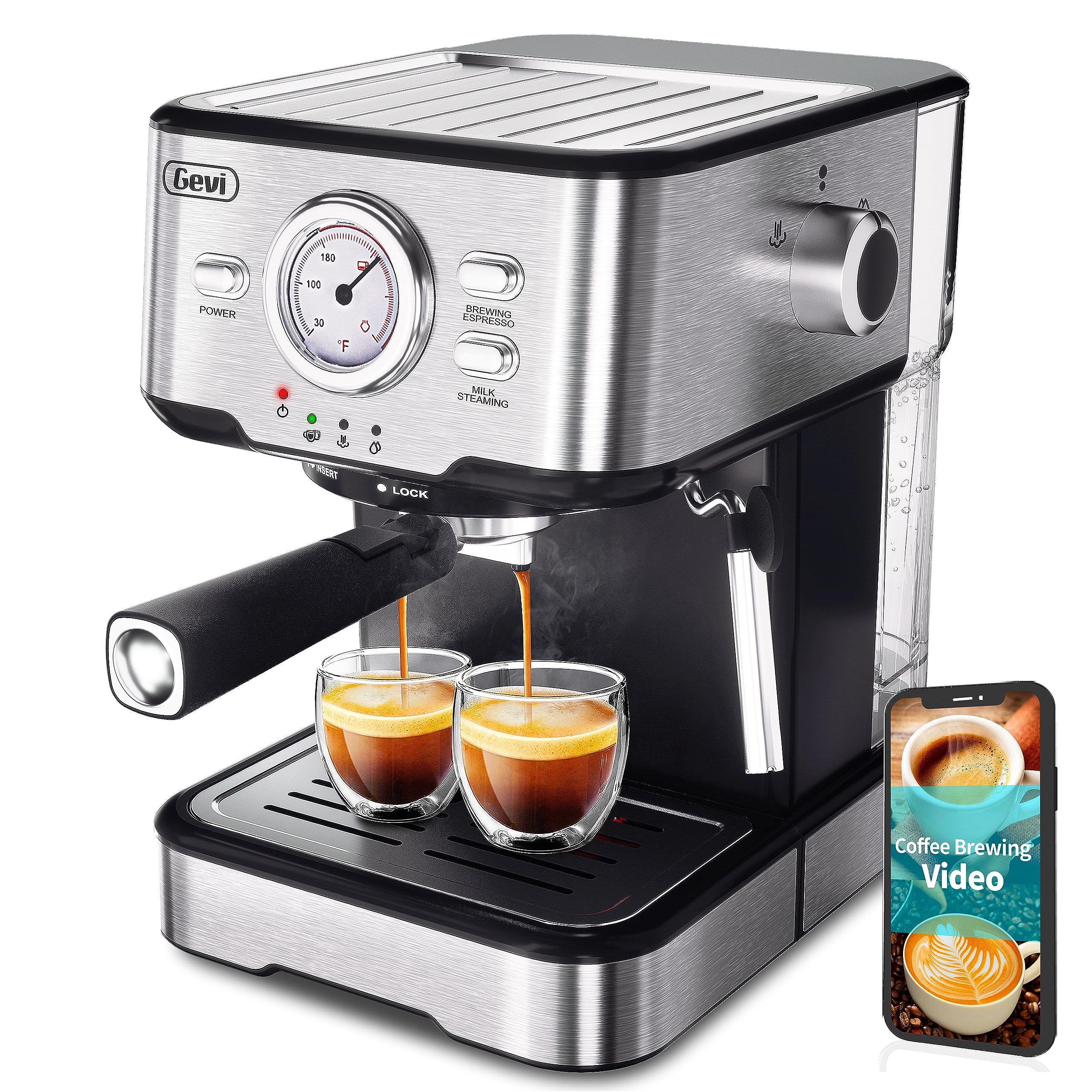 Gevi 20 Bar Compact Professional Espresso Coffee Machine with Milk Frother for Espresso, Latte and Cappuccino Burr Coffee Grinder with 35 Precise Grind Settings, Beige