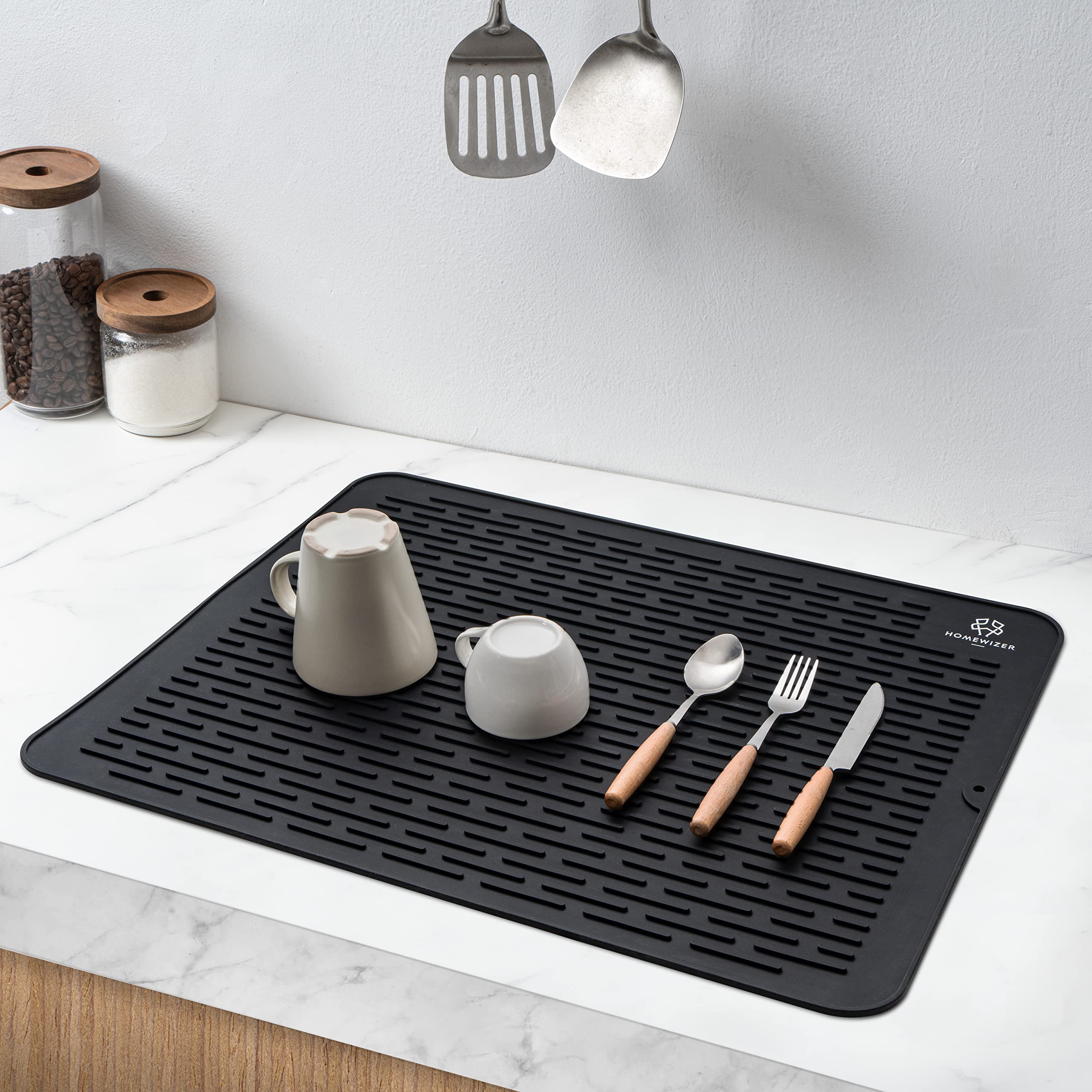 Homewizer Extra Large, 23” x 18” Silicone Dish Drying Mat for Kitchen Counter, Heat Resistant, Non-Slip Design, Quick Dry, Easy Clean, Raised Edge Holds Water, BPA Free, Food Grade Silicone- Black