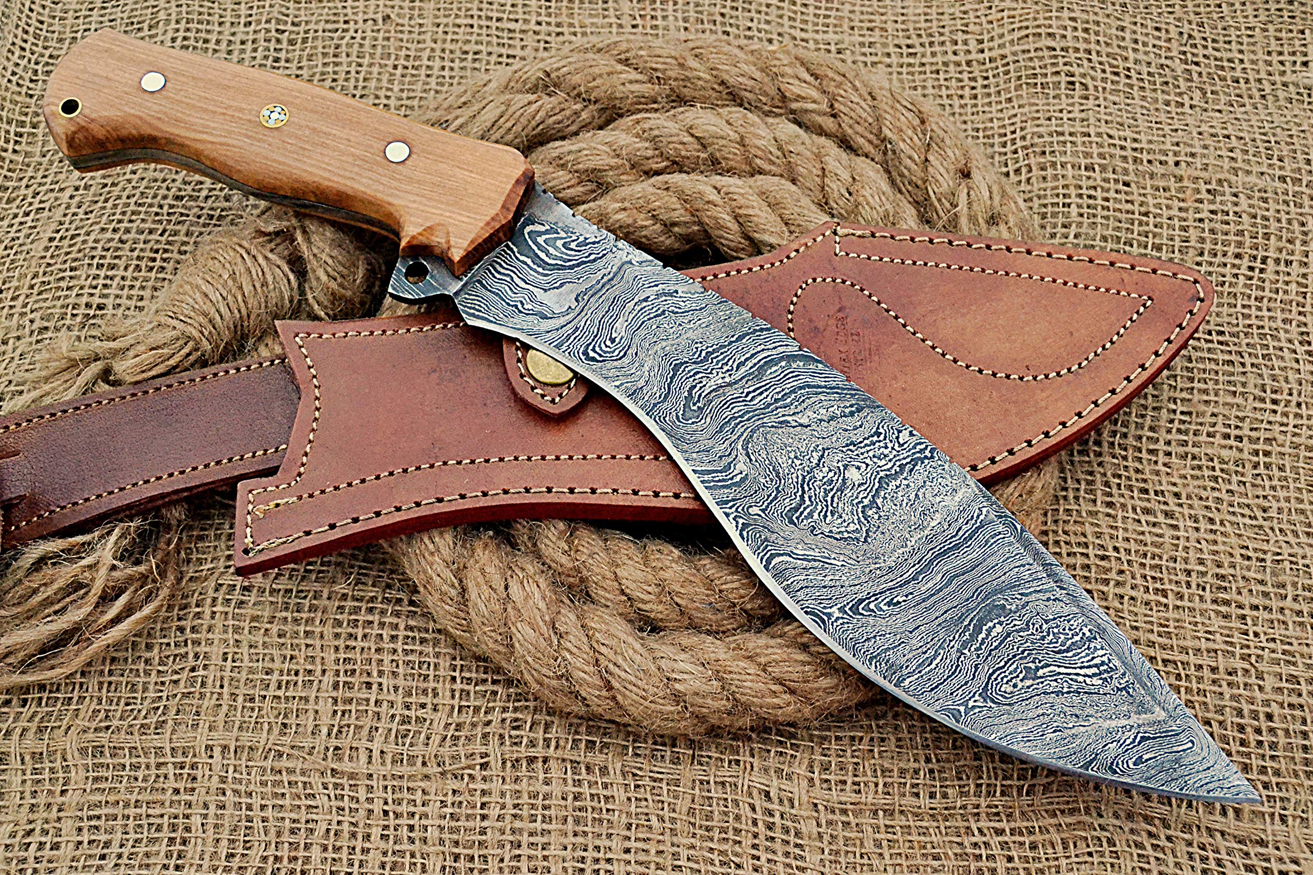 HUNTEX Handmade Hand-Forged Twist Pattern Damascus Steel 15 Inch Long Full Tang Natural Oak Wood Handle Razor Sharp Hunting Camping Kukri Knife w/Genuine Leather Sheath