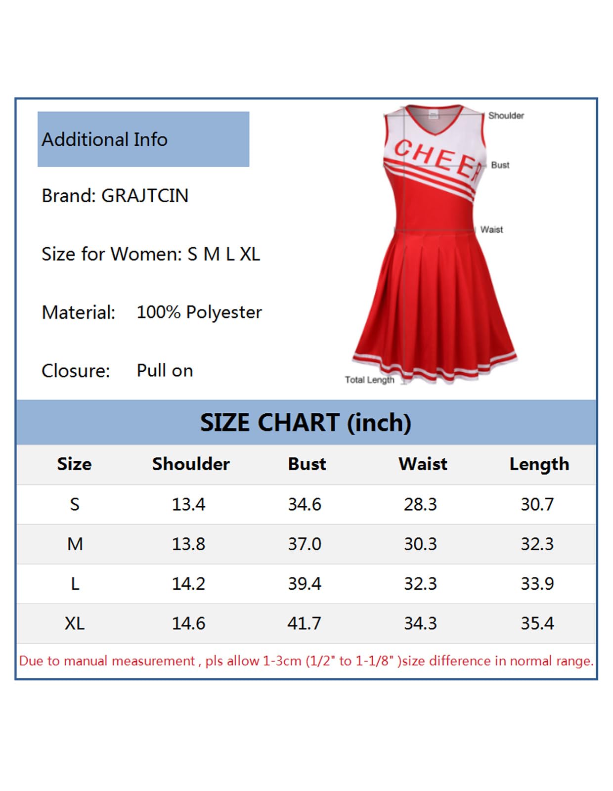 GRAJTCIN Womens Cheerleader Costume High School Girl Halloween Party Cheerleading Outfit with Pom Pom(Large, Red)