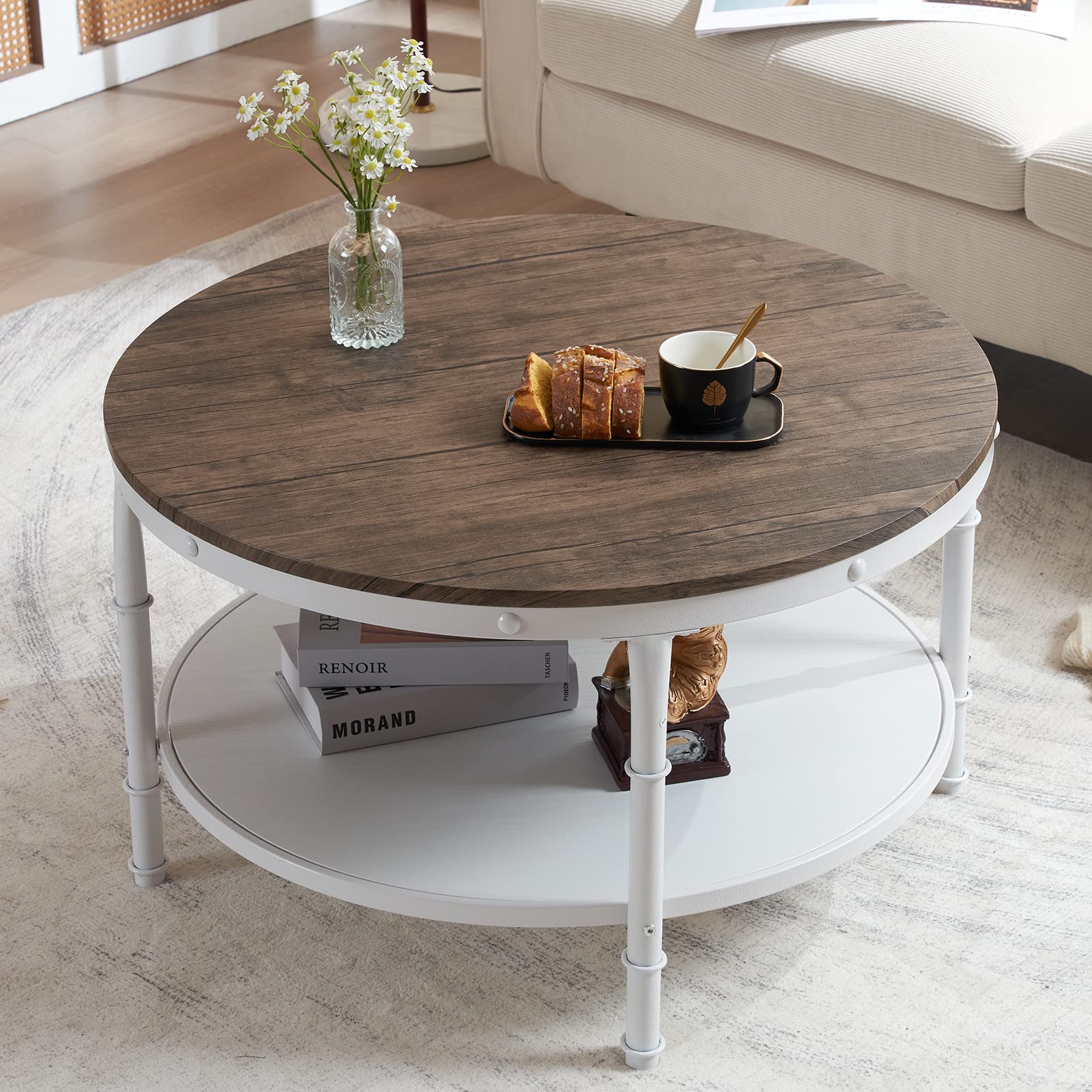 VINGLI 31.5" Dark Walnut White Round Farmhouse Coffee Table, 2-Tier Storage Wood Center Circle Accent Table for Living Room, Bedroom, Apartment, Studio and Small Spaces, Sturdy Metal Frame