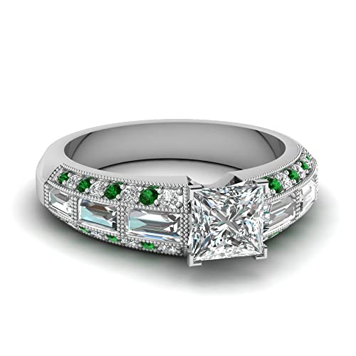 JewelryGift Edwardian Engagement Ring sterling silver Created Emerald Princess shape Green color Vintage Engagement Rings bar Setting in Size 11 Minimal Surprise Gifts for Ladies