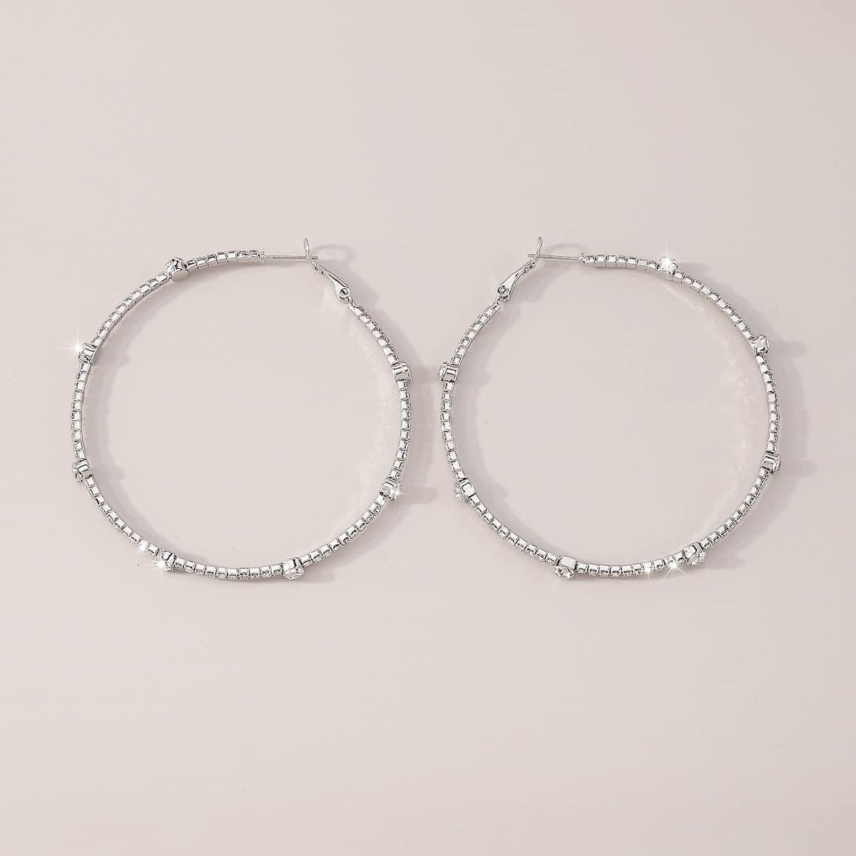 Jumwrit Big Rhinestone Hoop Earrings Large Round Circle Earrings Chain Dangle Earrings Sparkle Stud Earrings for Women Girls(Silver)
