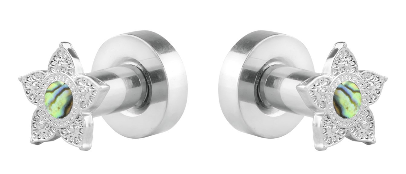 Forbidden Body Jewelry 8GA Surgical Steel Abalone Shell Center Flower Screw Fit Tunnel Plug Earrings