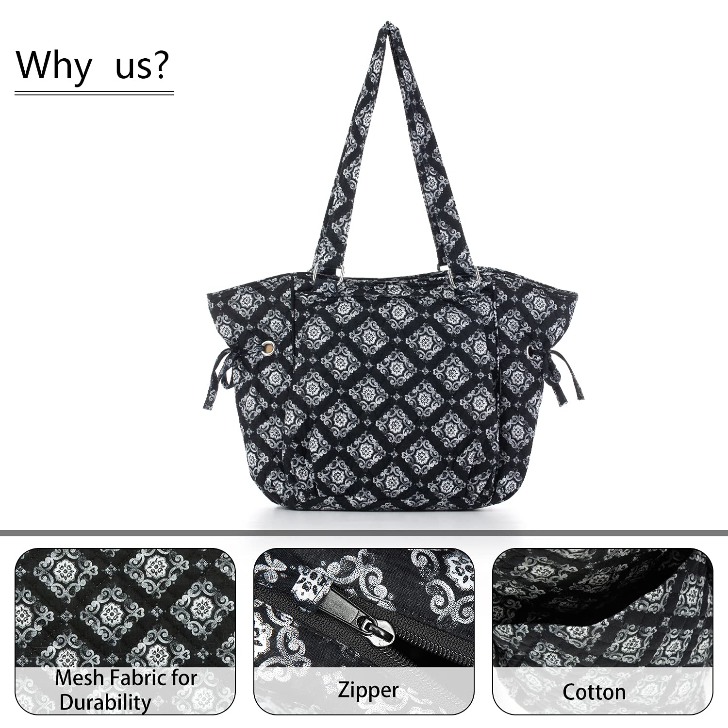 Magou Quilted Tote Bag for Women Signature Cotton Shoulder Bag Lightweight Handbag for Shopping Workout