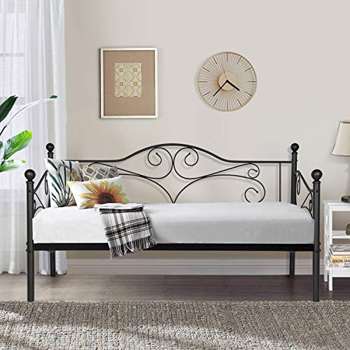 VECELO Premium Daybed Metal Bed Frame Twin Size Steel Slat Support/Strong Legs Headboard/Mattress Foundation, Multi-Functional Furniture