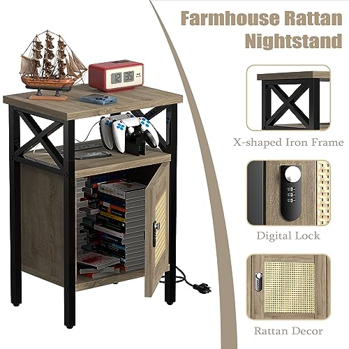 runjuly Rattan Nightstand with Lock, End Table with Charging Station, Side Table with Rattan Door and Open Shelf, Wooden Farmhouse Bedside Table for Bedroom, Living Room, Dorm