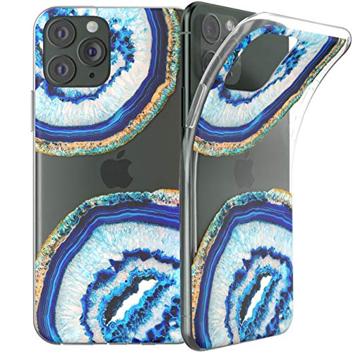 Toik Slim TPU Case for Apple iPhone 11 Pro Xs Max Xr 10 X 8 Plus 7 6s 5s SE Silicone Flexible Cover Women Mineral Slices Girls Geode Gift Lightweight Design Blue Protective Agate Print Clear