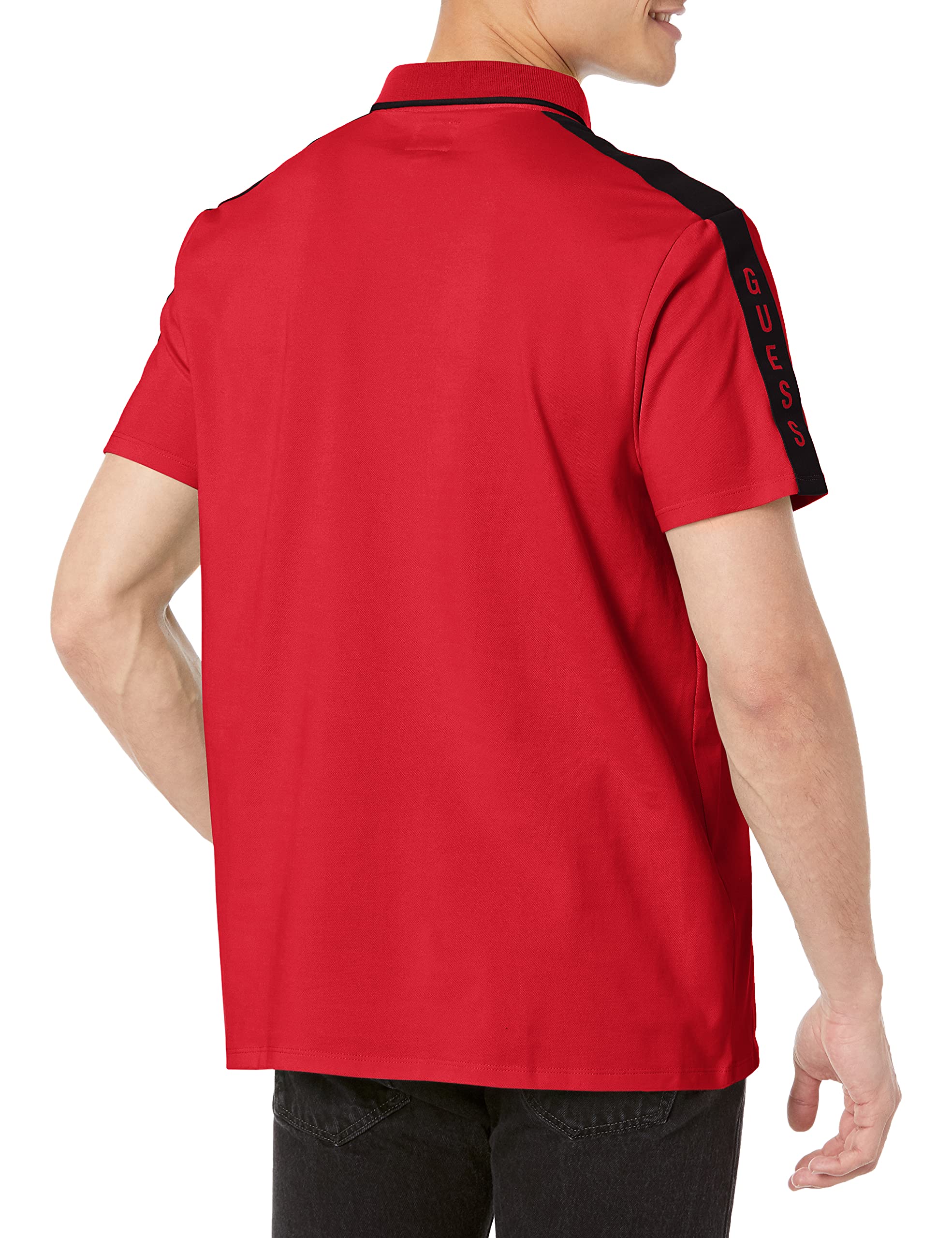 GUESS Men's Essentials Short Sleeve Pique Tape Polo, Chili Red, XL/R