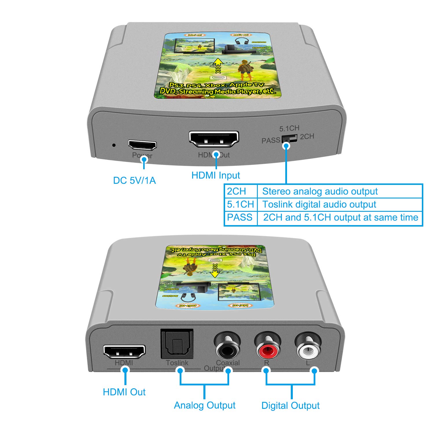 HDMI Audio Extractor Converter 4K HDMI to HDMI + Optical Toslink SPDIF + Analog RCA L/R Stereo Audio Out Support HDCP Support 3D 4K@30HZ