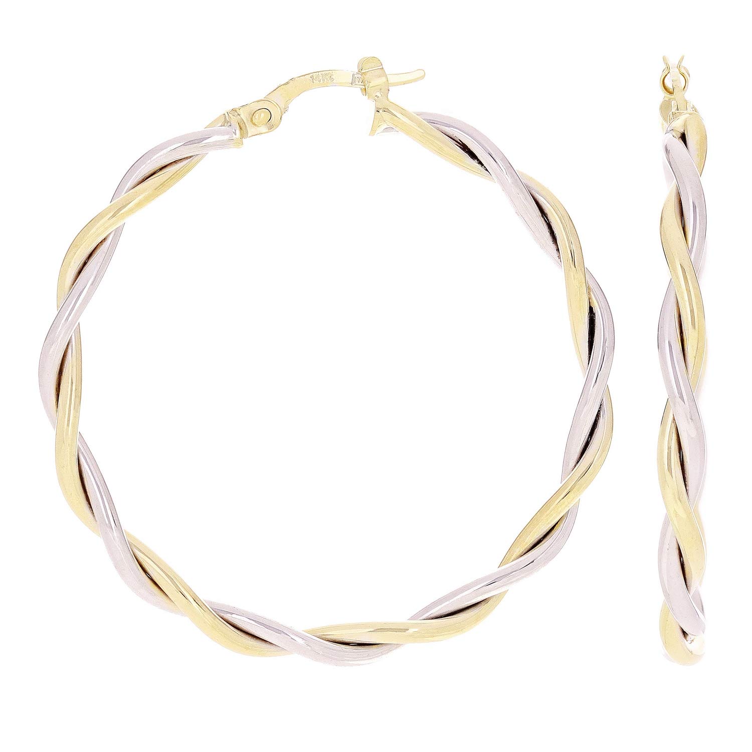 Italian 14k Yellow & White Gold Polished Twisted Large Hollow Hoop Earrings 1.5"