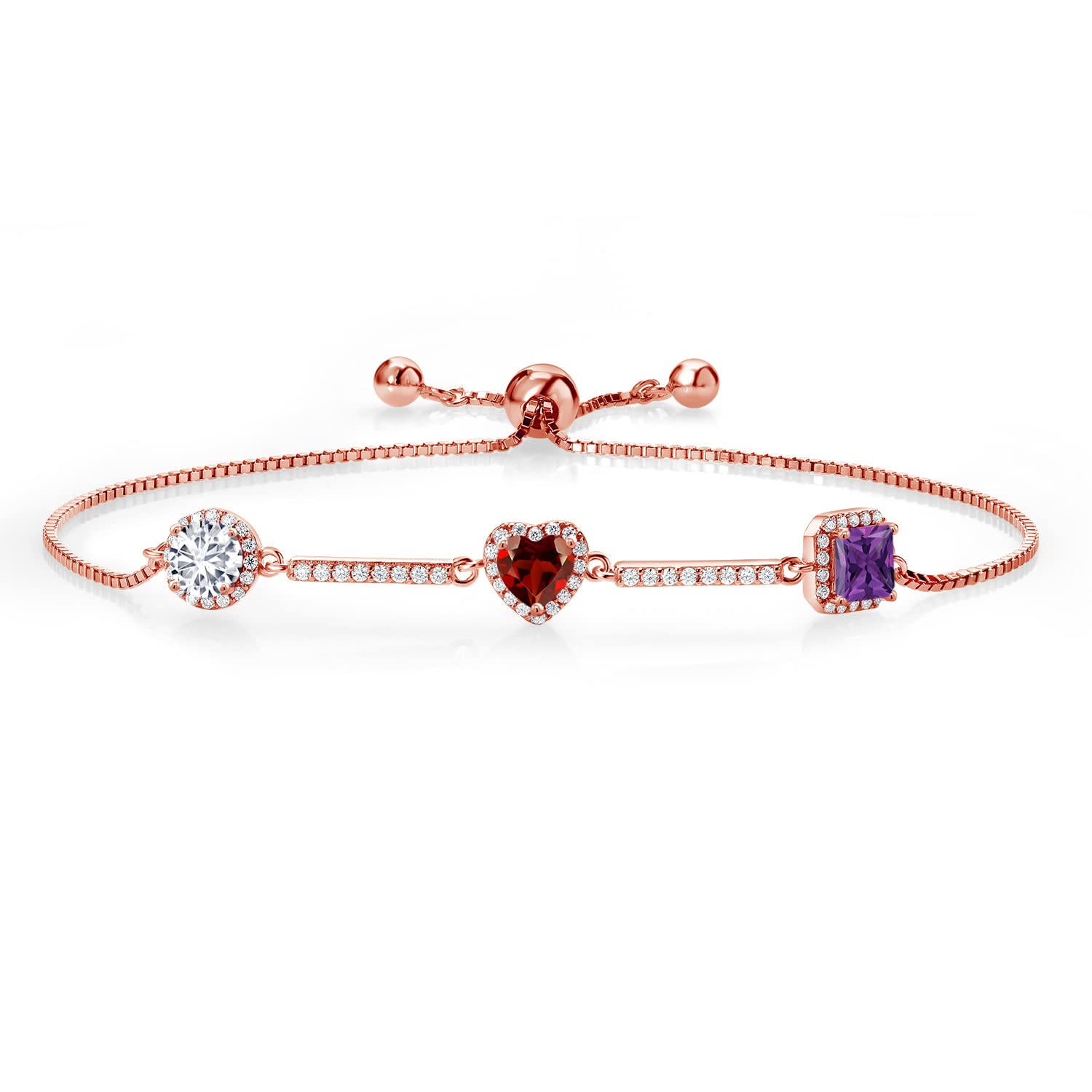 Gem Stone King Keren Hanan Round Heart Princess Cut G-H Lab Grown Diamond Red Garnet Created Moissanite 18K Rose Gold Plated Silver Tennis Bracelet For Women (2.11 cttw, Fully Adjustable Up to 9 Inch)