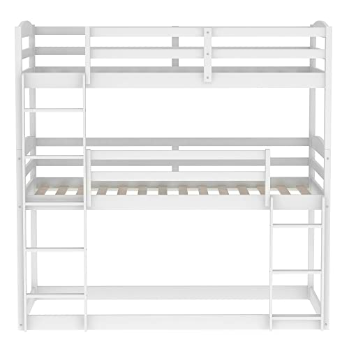 RUNWON Twin Over Twin Triple Bunk Bed with Safety Guardrail and Ladder for Kids Teens, No Box Spring Needed