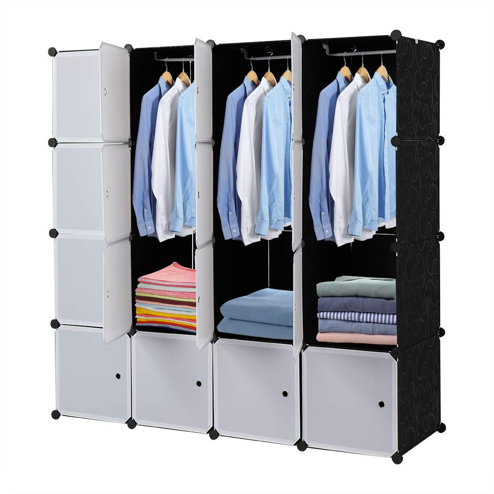 GGH Portable Wardrobe Closets, 16 Cubes,3 coat hangers,Clothes Storage Organizer with Doors,(White Door, Black Cabinet)