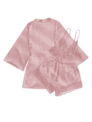 Verdusa Women's Satin Pajama Set 3 Piece Lace Trim Camisole and Shorts with Robe Pink L