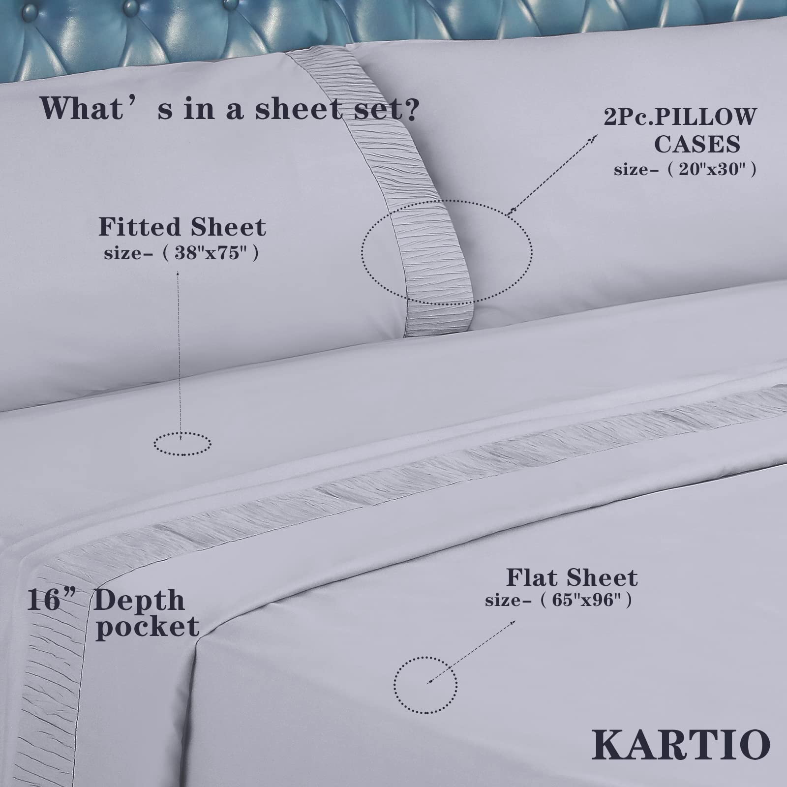 KARTIO Bed Sheet & Pillowcase Sets-4 Pcs-Brushed Microfiber 1800 Thread Count Soft Sheet Sets-16 Inches Deep Pocket -Wrinkle, Fade, Stain Resistant (Twin)