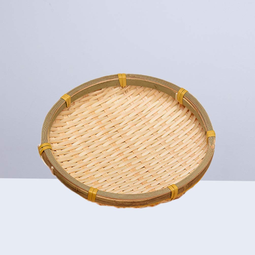 Hemoton Bamboo Woven Round Basket Tray Rustic Wood Decorative Serving Tray for Breakfast Drinks Snack Coffee Table Wall Hanging Home Decoration 18cm