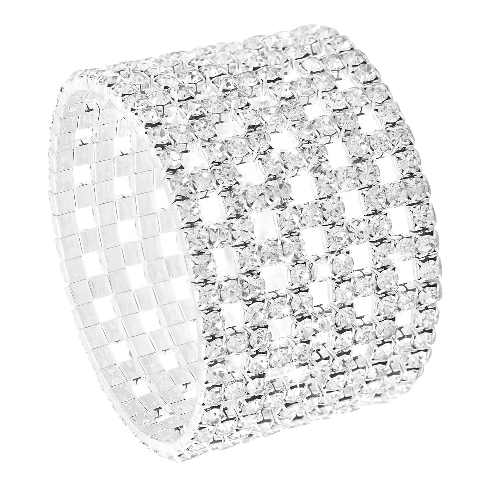 Jojomina Antique Silver Crystal Stretch Cuff Bracelet for Women Multilayer Adjustable Rhinestone Bangle Bracelet for Party and Prom