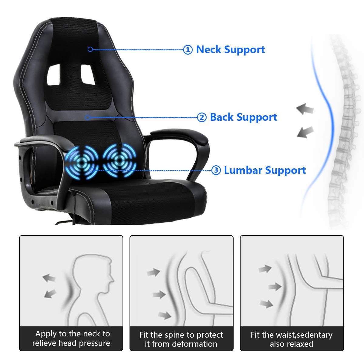Gaming Chair Desk Chairs Ergonomic Office Chair Comfortable Massage Computer Desk Chair with Adjustable Backrest and Height, PU Leather Executive PC Swivel Chair Chair with Lumbar Support (Black)