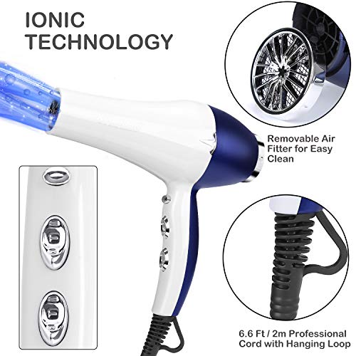 Hair Dryer 2000W, Negative Ionic Fast Dry Low Noise Blow Dryer, Professional Salon Hair Dryers with Diffuser, Concentrator, Styling Pik,2 Speed and 3 Heat Settings,Quick Drying with AC Motor-WhiteBlue