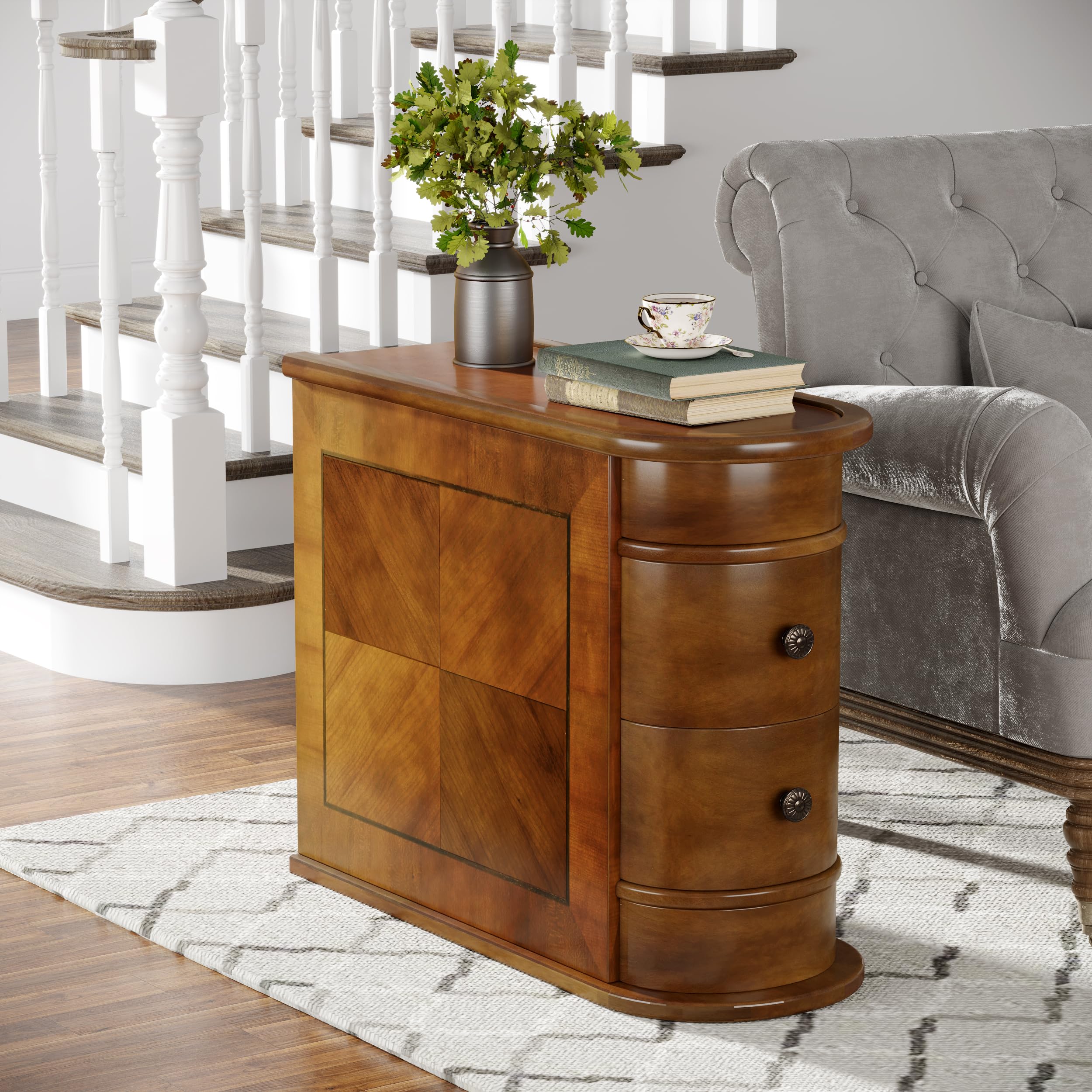 Wood End Table with 2 Drawers, No Assembly Required Narrow Sofa Side Table for Living Room, Vintage Slim Nightstand Bedside Table for Bedroom, Finished Back (2 Drawers, Brown, 1Pc)