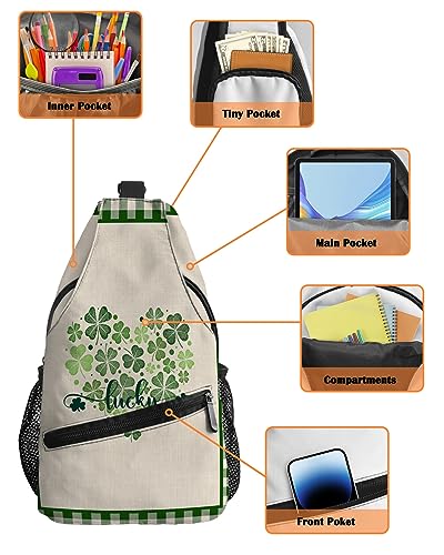 Sling Backpack, St. Patrick's Day Lucky Shamrocks Clover Love Heart Green Buffalo Plaid Waterproof Lightweight Small Sling Bag, Travel Chest Bag Crossbody Shoulder Bag Hiking Daypack for Women Men