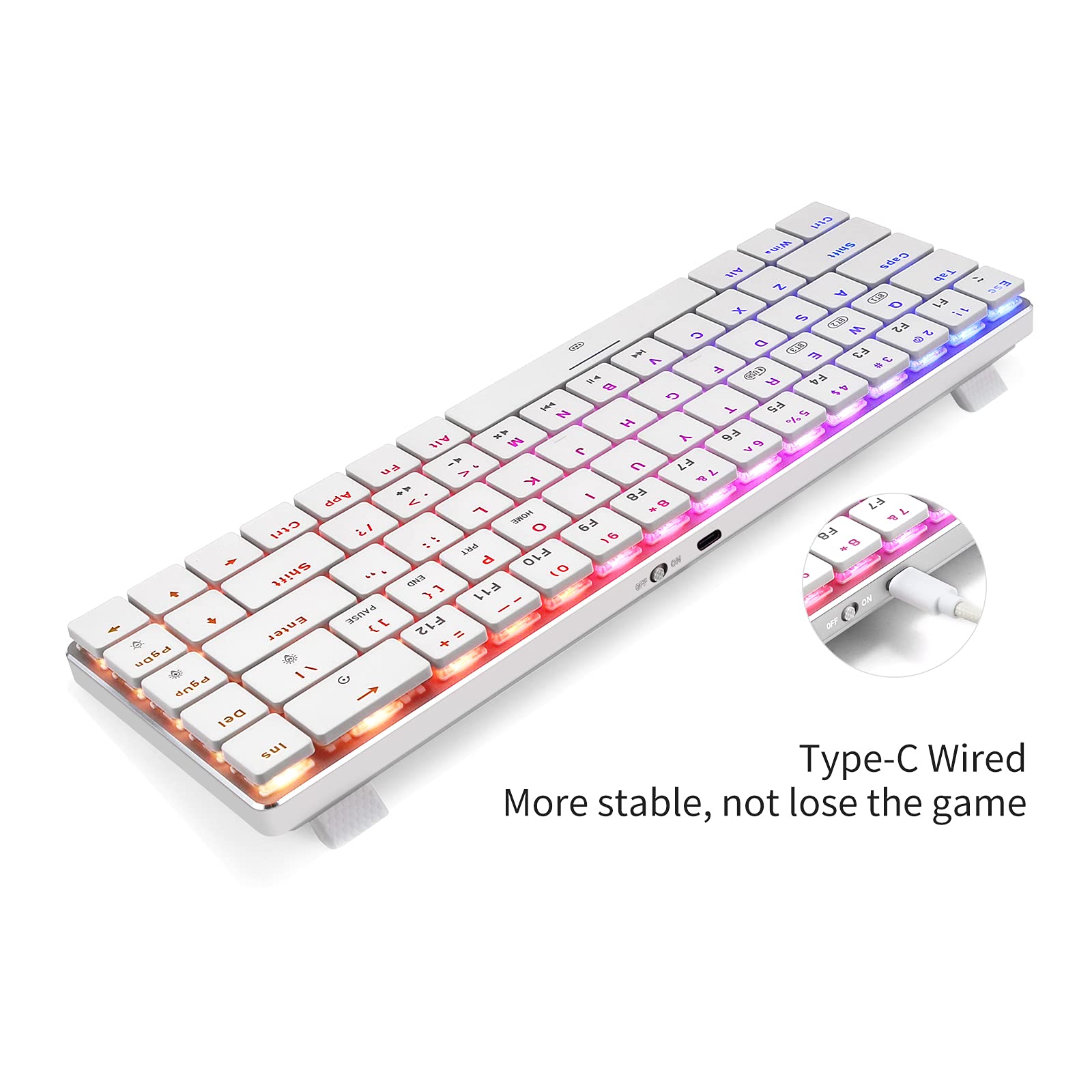 HUO JI 60% Compact RGB Wireless Mechanical Gaming Keyboard, Red Switches, Bluetooth 5.0, Wired Keyboard 69 Keys for PC Tablet Laptop Cell Phone, White
