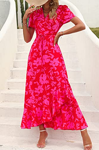 PRETTYGARDEN Women's Summer Wrap Maxi Dress Casual Boho Floral V Neck Short Sleeve Ruffle Hem Split Beach Long Dresses (Red Floral,X-Large)