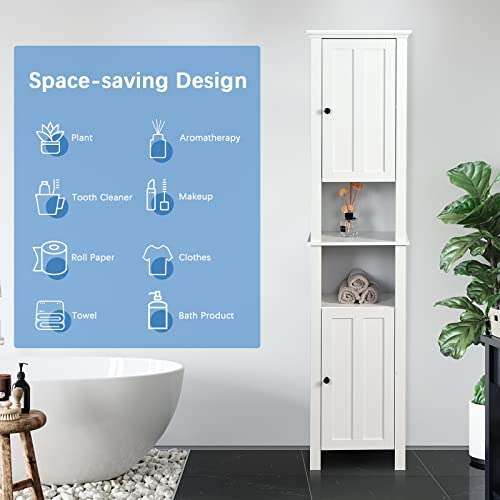 Unovivy Tall Bathroom Storage Cabinet Floor Standing Freestanding Linen Tower with 2 Doors & 6 Shelves, 15.7X 11.8X 66.9 Inches, for Living Room, Kitchen, Off-White