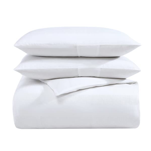 Vera Wang - Queen Duvet Cover Set, Luxury Cotton Bedding with Matching Shams, All Season Home Decor (Waffle Stripe White, Queen)