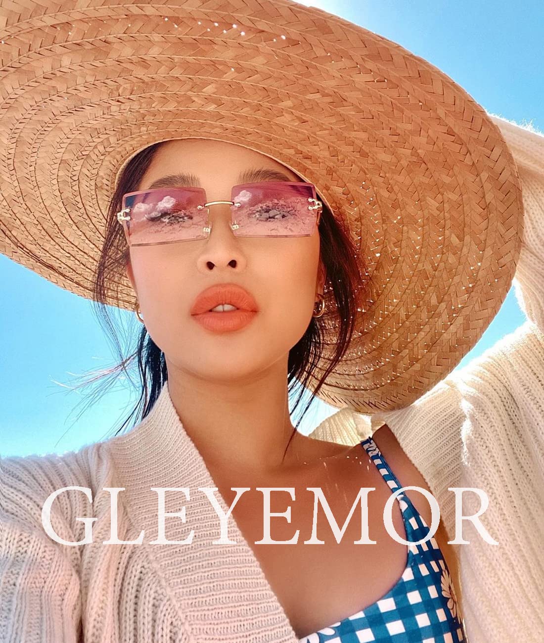 Gleyemor Rimless Rectangle Sunglasses for Women Mens Fashion Vintage Frameless Square Glasses with Gradient Lens (Gradient Purple)