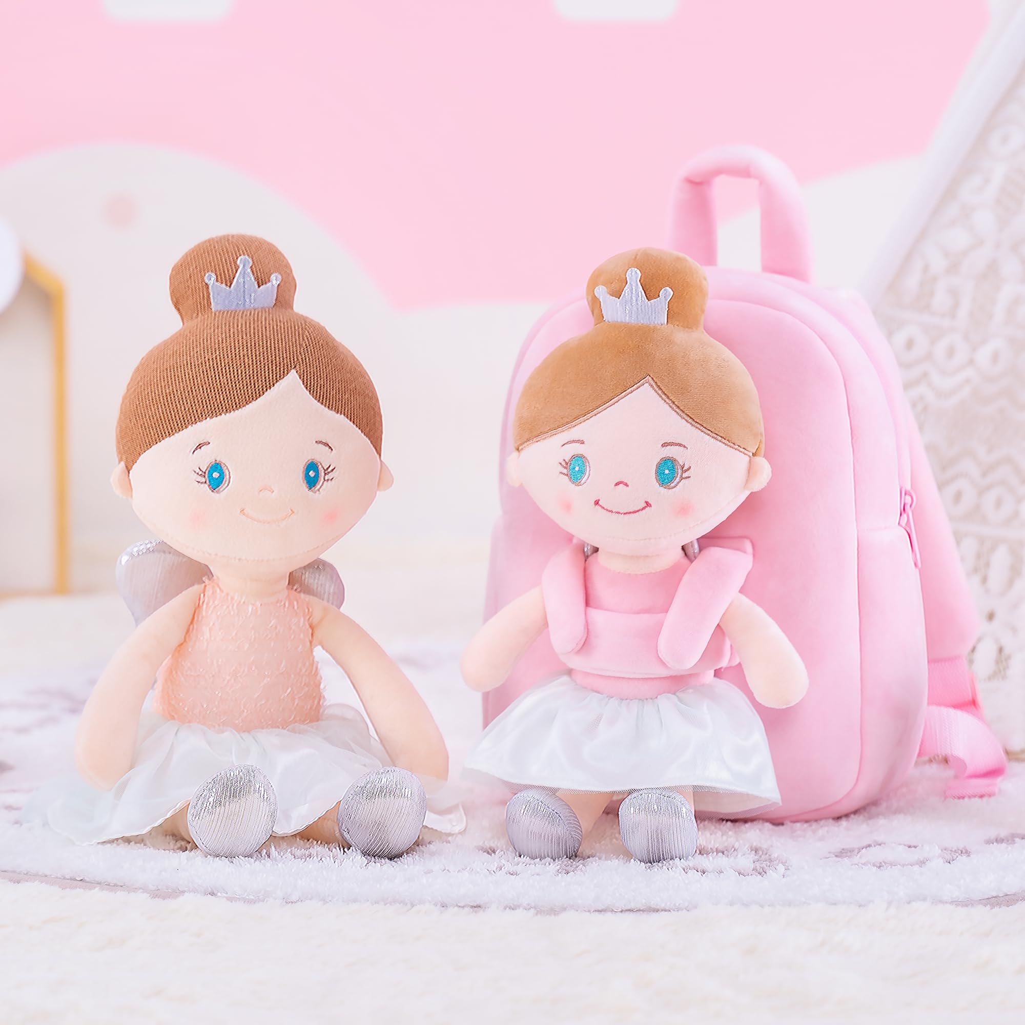 Gloveleya Toddler Backpack with Rag Doll Baby Gifts Angel Girl Pink 9 Inches