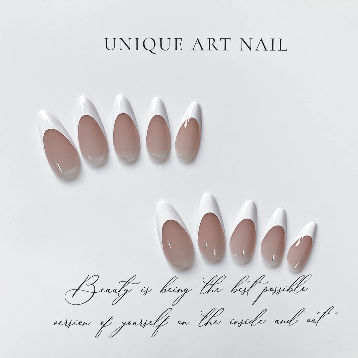 French Tip Press on Nails Long Almond Fake Nails White Tip(wide tip)Nude Pink Glossy Acrylic False Nails Kit for Women Girls Artificial Nails 24 Pcs