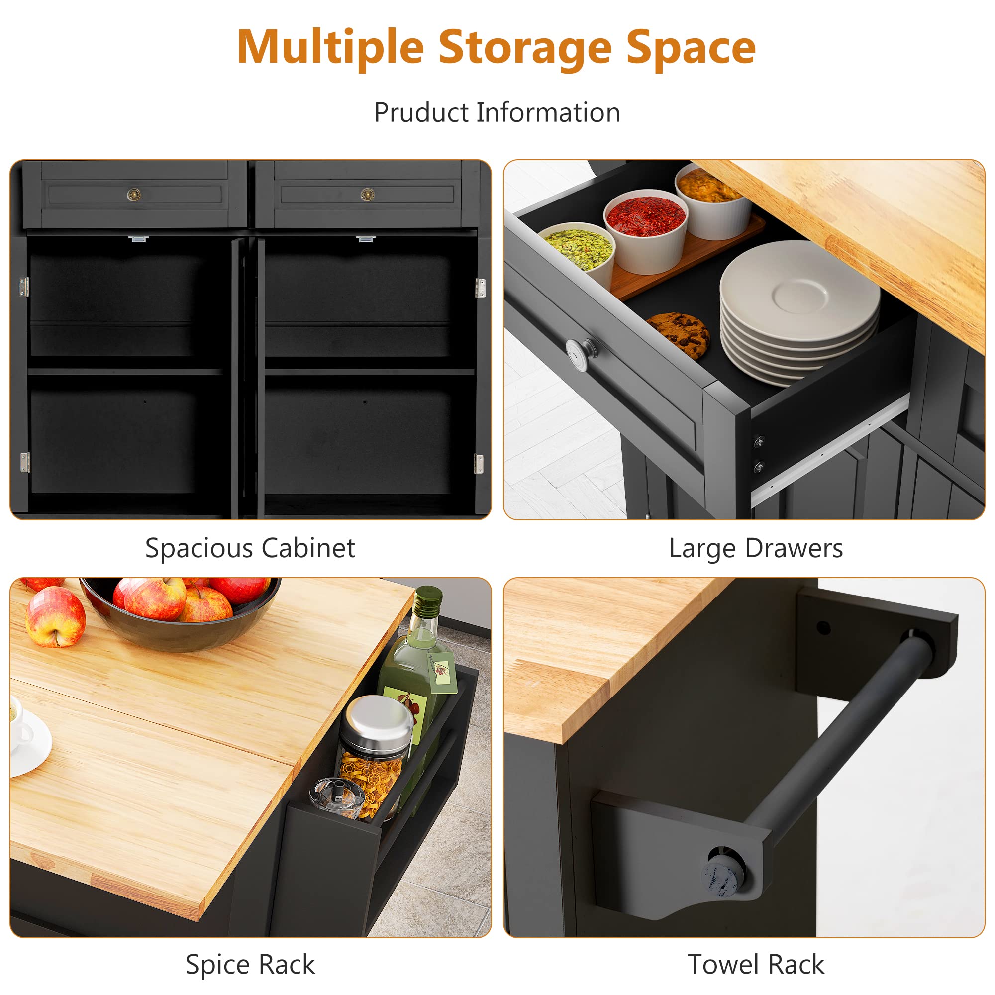 Squireewo Kitchen Cart with Wood Top and Drop Leaf Breakfast Bar, Rolling Mobile Kitchen Island Table on Wheels with Drawer and Storage Cabinet, Spice Rack, Towel Rack, Black