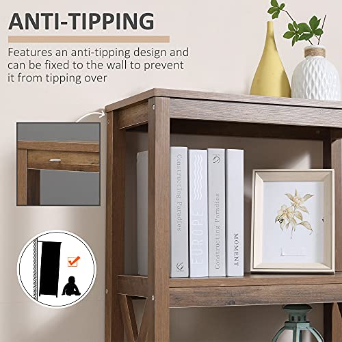 HOMCOM Farmhouse Chic 3-Tier Shelf Bookcase Display Rack with Drawer for Living Room, Bedroom, Office, Natural Wood