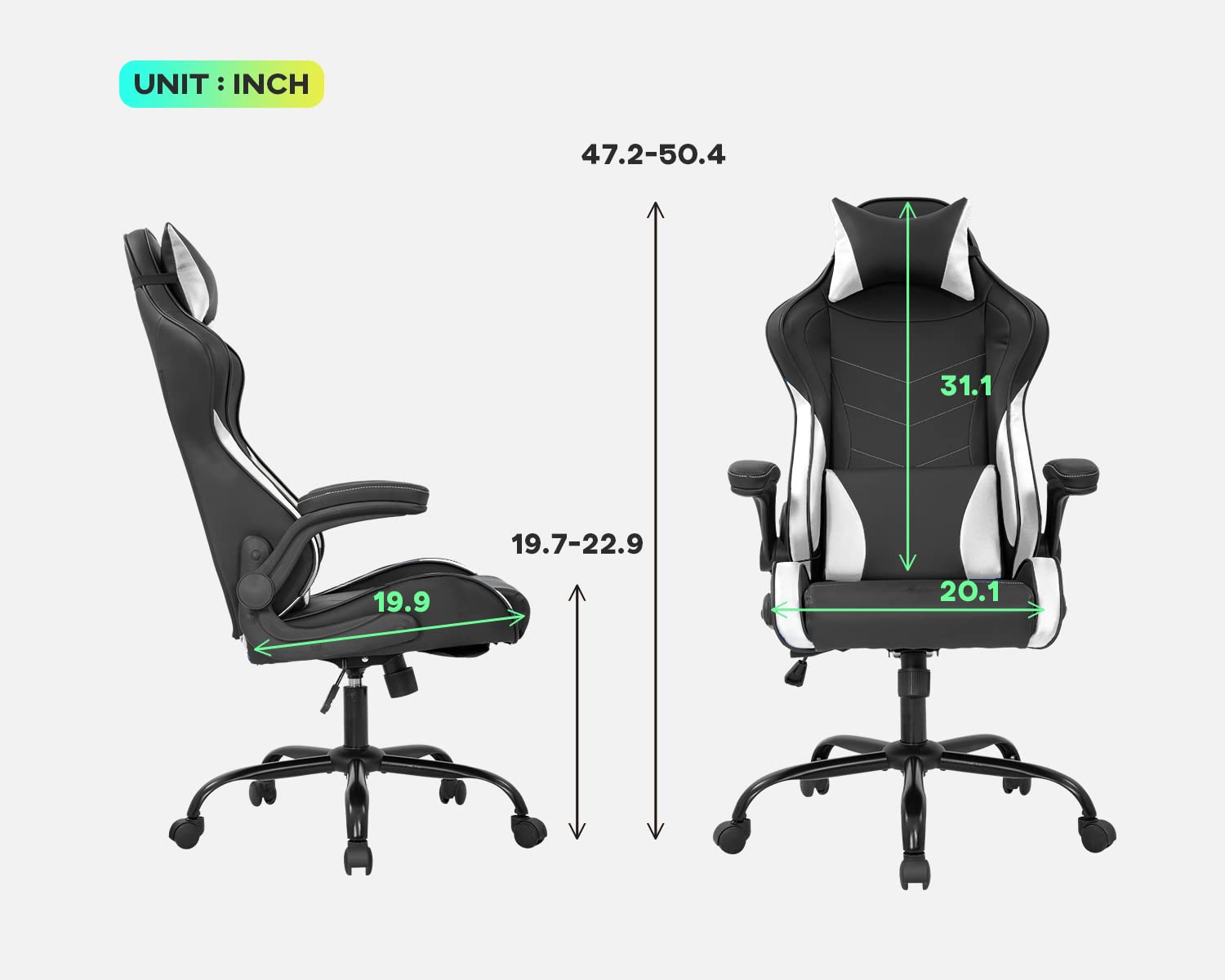 Gaming Chair Office Chair PC Computer Chair with Lumbar Support Headrest Flip up Armrest Task Rolling Swivel Ergonomic Adjustable E-Sports Desk Racing Chair(White)
