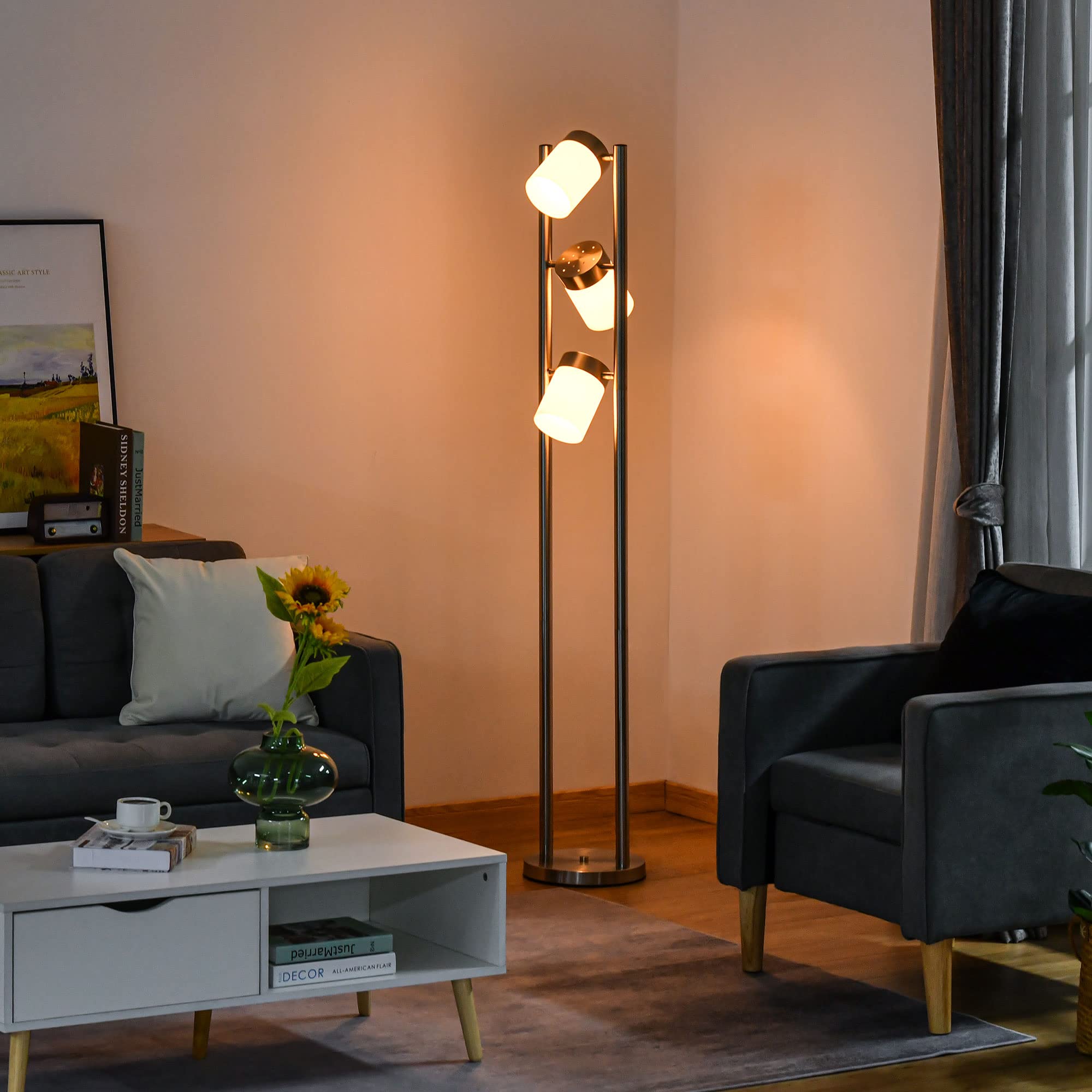 HOMCOM Floor Lamp, Modern Standing Light with 3 Rotating Lights for Living Room, Bedroom, Office, Silver