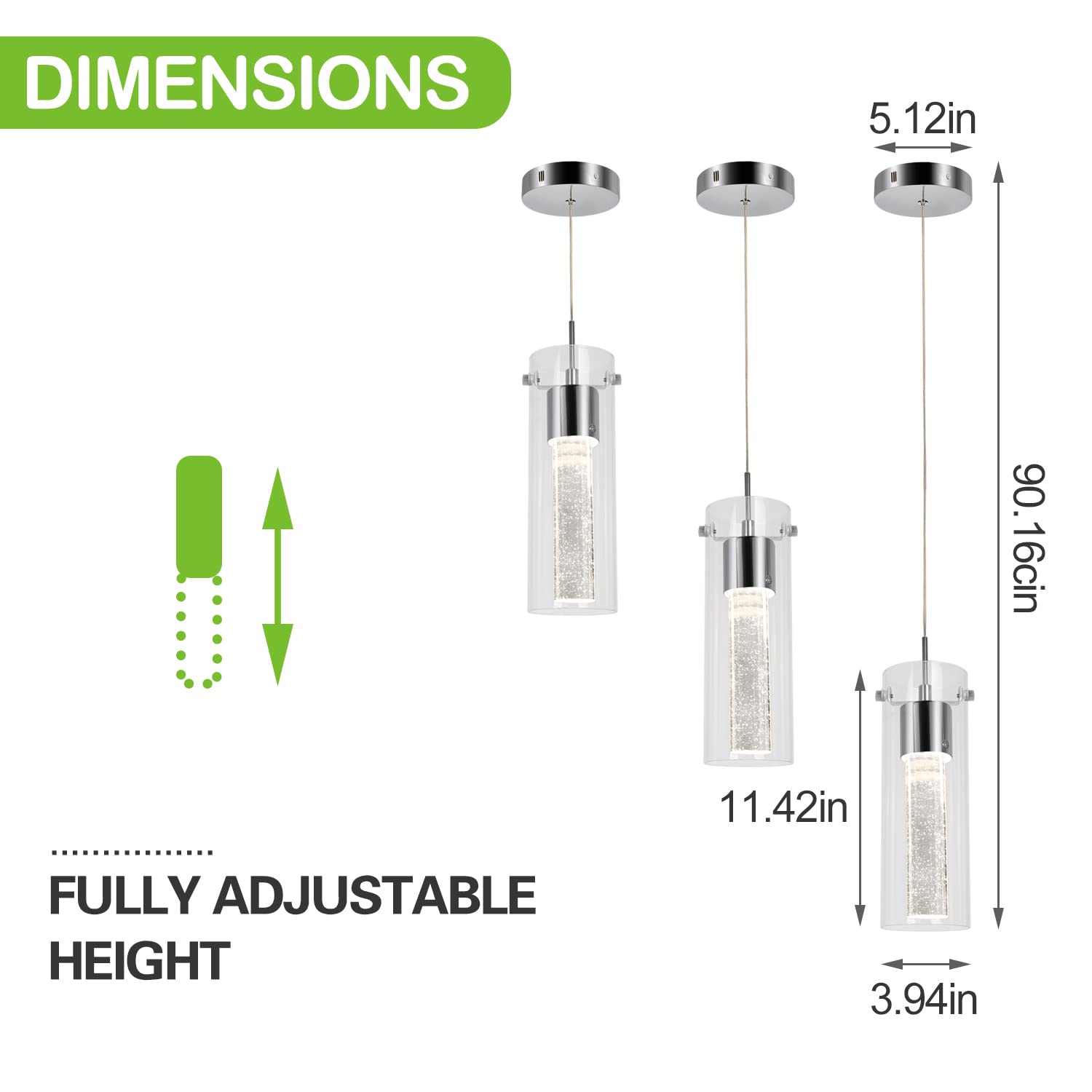 hykolity Pendant Light, 1-Light Integrated LED Kitchen Lighting, 8.5W (40 Watt Equivalent), CRI 90+, 640lm Premium Bubble Glass with Chromed Finished, ETL Listed