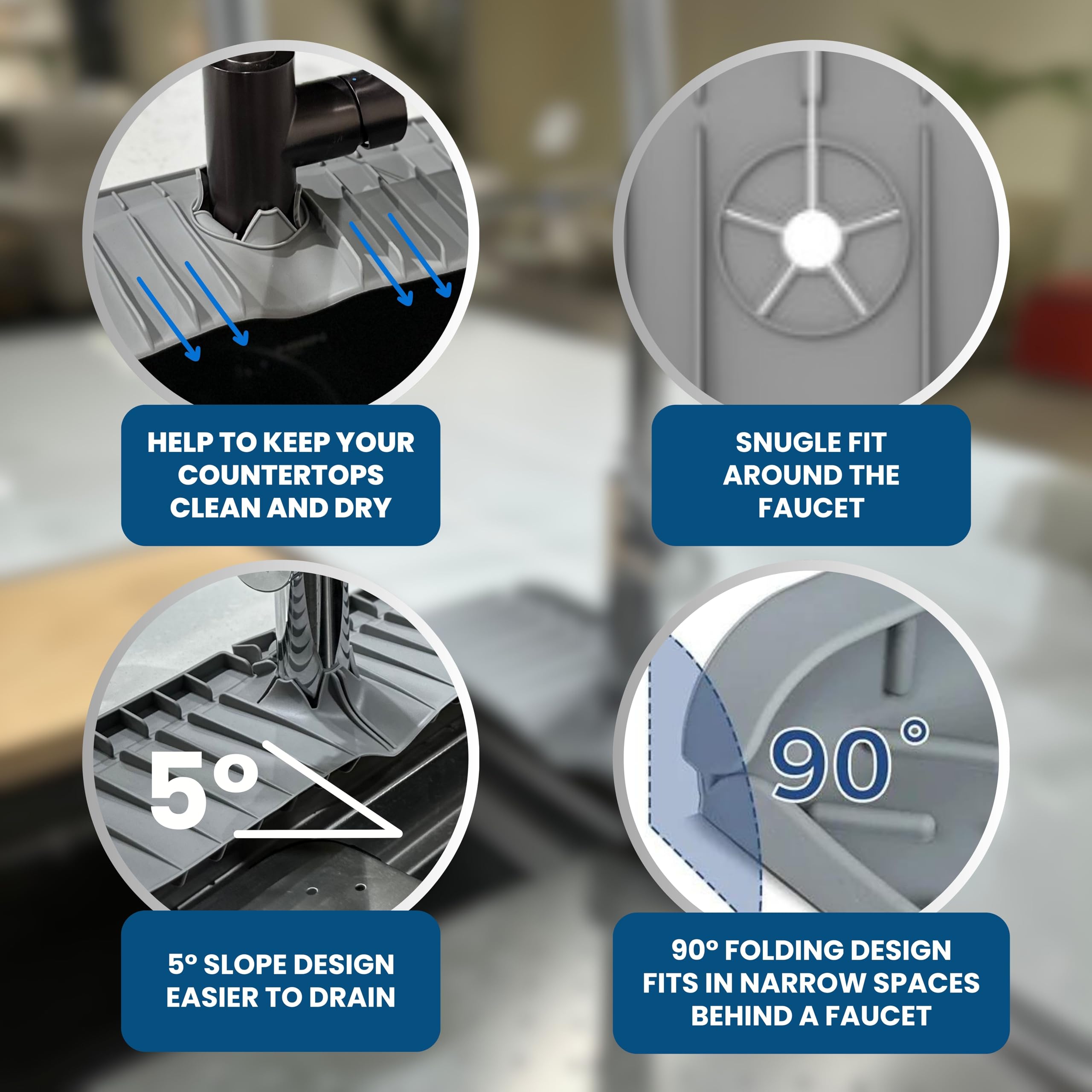 Silicone Sink Water Splash Guard - Kitchen/Bathroom Faucet Mat Drip Catcher Tray, Sponge Holder/Soap Dispenser Draining Mat Behind Faucet, 5° Slope, 8.7 x 5.5 Inches, Gray