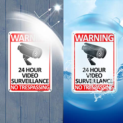 TICONN 2-Pack 24 Hour Video Surveillance Sign, No Trespassing Aluminum Warning Sign, 10ββx7ββ for CCTV Security Camera - Reflective, UV Protected