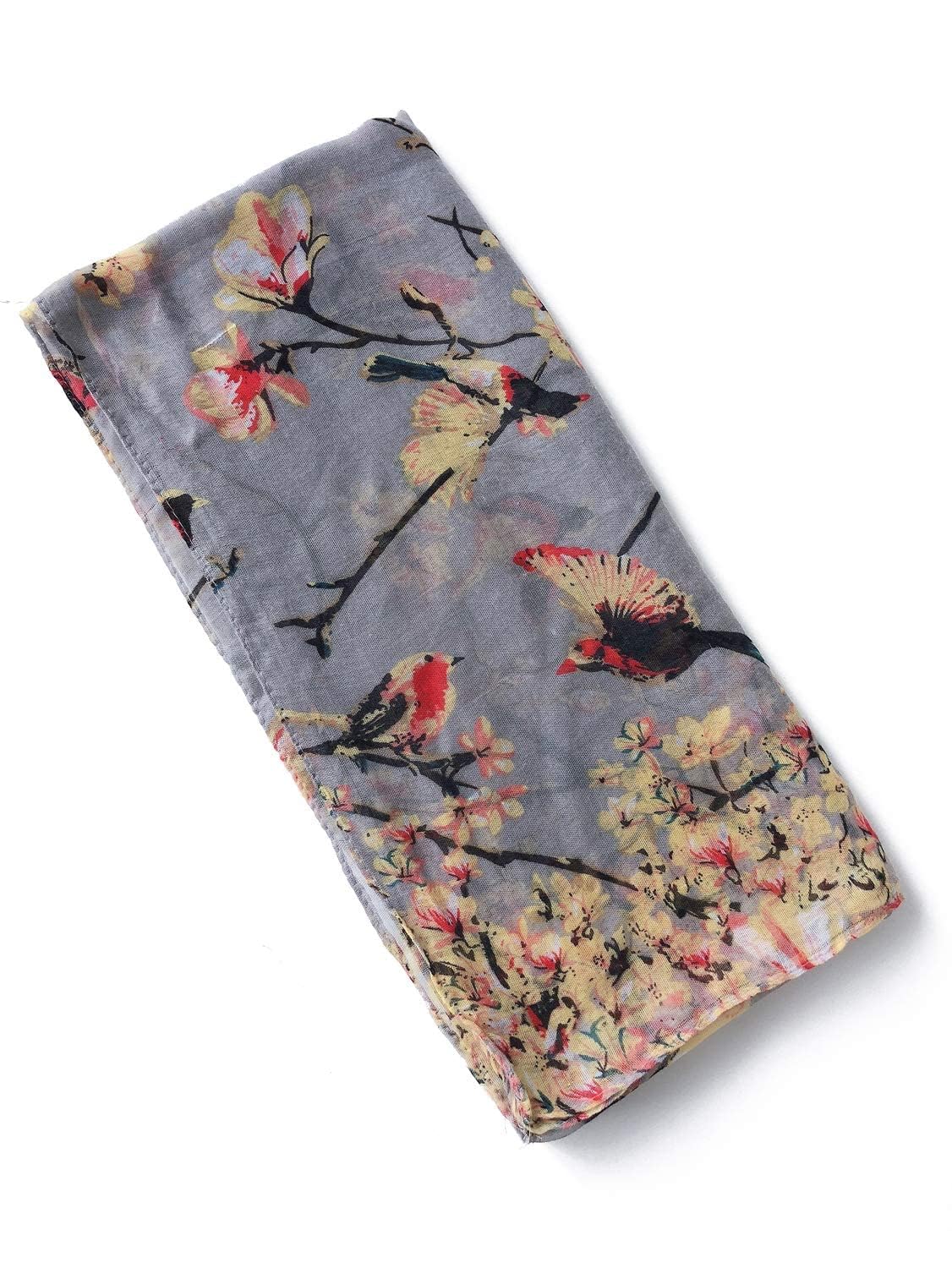 GERINLY Floral Birds Work Scarves for Womens Lightweight Cotton Shawls and Wraps Soft Thin Neckwear Head Scarf (Grey)