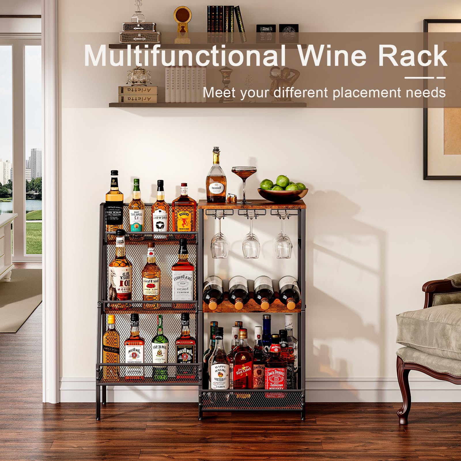 Versatile Liquor Stand for Home Bar, Wine Rack Freestanding Floor, Mini Bar Table for Liquor Whiskey Wine, 3-Tier Trapezoidal Liquor Bottle Display Shelf with Glass Holder and Fences(Patent Pending)